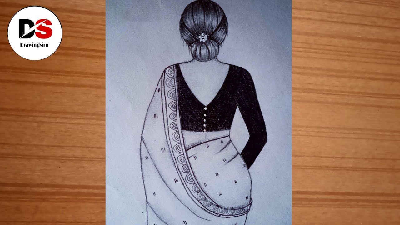 How to draw a girl with sari from back II Girl drawing II - YouTube