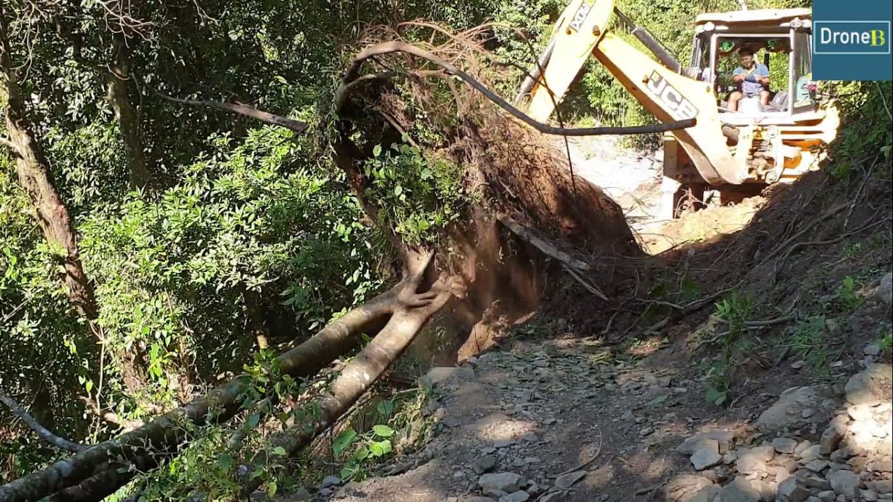 Removing Trees and Dirt-Landslide Blocked Hilly Road-JCB Backhoe Loader ...
