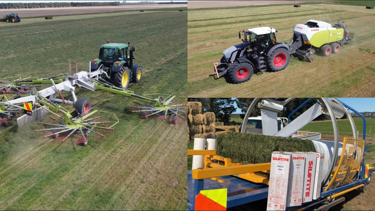 Making Grass Silage | Raking, Baling and Wrapping Bales - YouTube