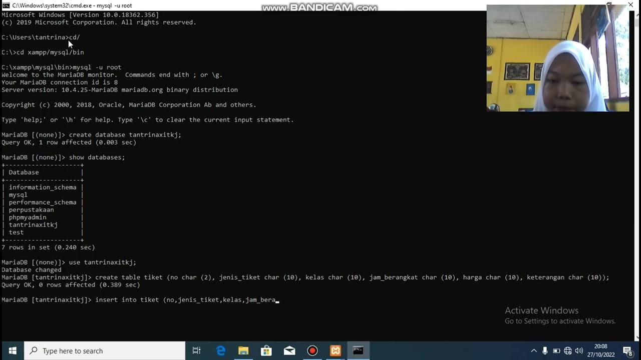 cara membuat database dan tabel data menggunakan cmd di xampp - YouTube