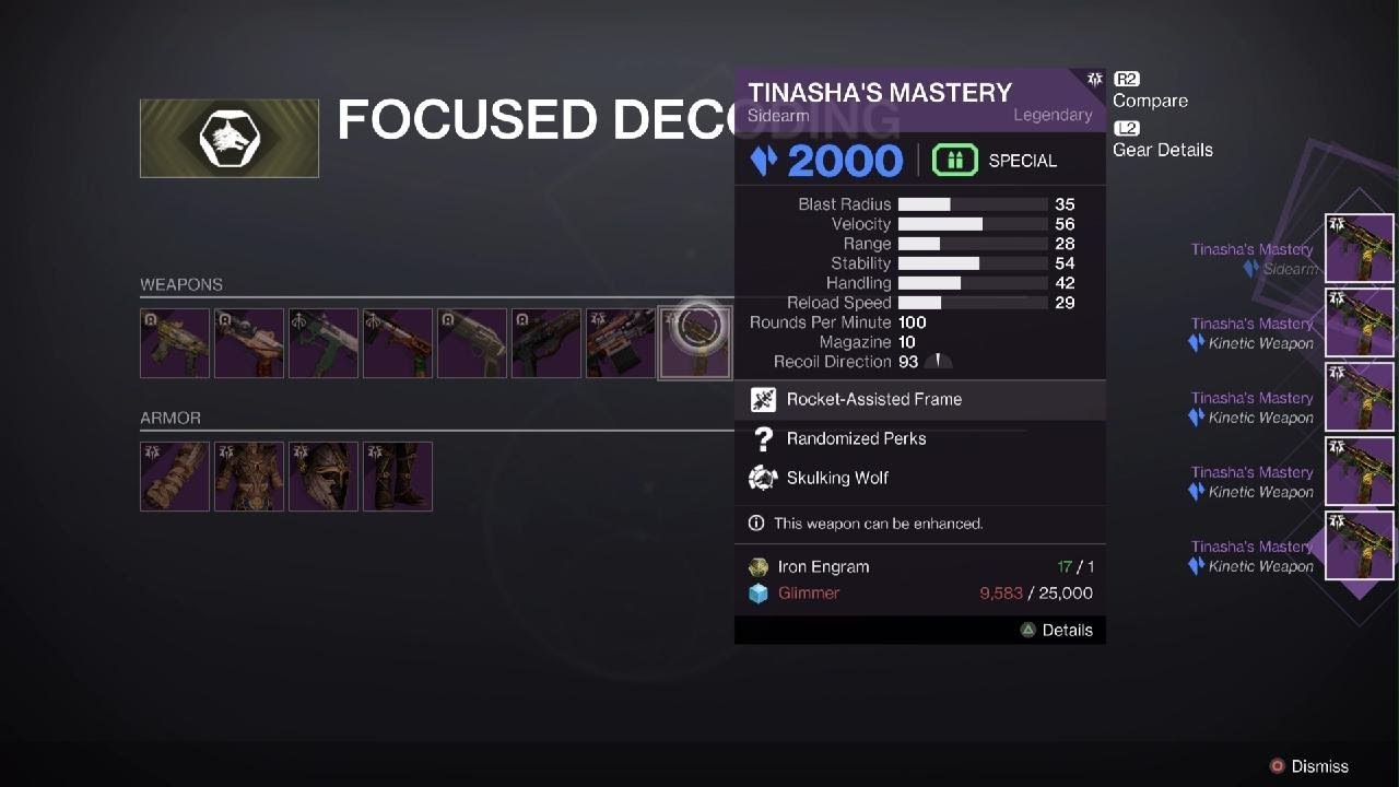 Destiny 2 focusing 9 Tinasha's Mastery engrams for god roll - YouTube