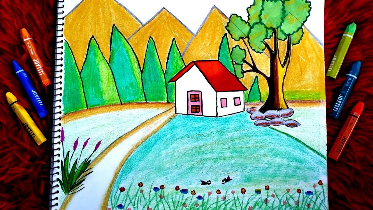 Easy scenery drawing step by step / How to draw landscape / easy ...