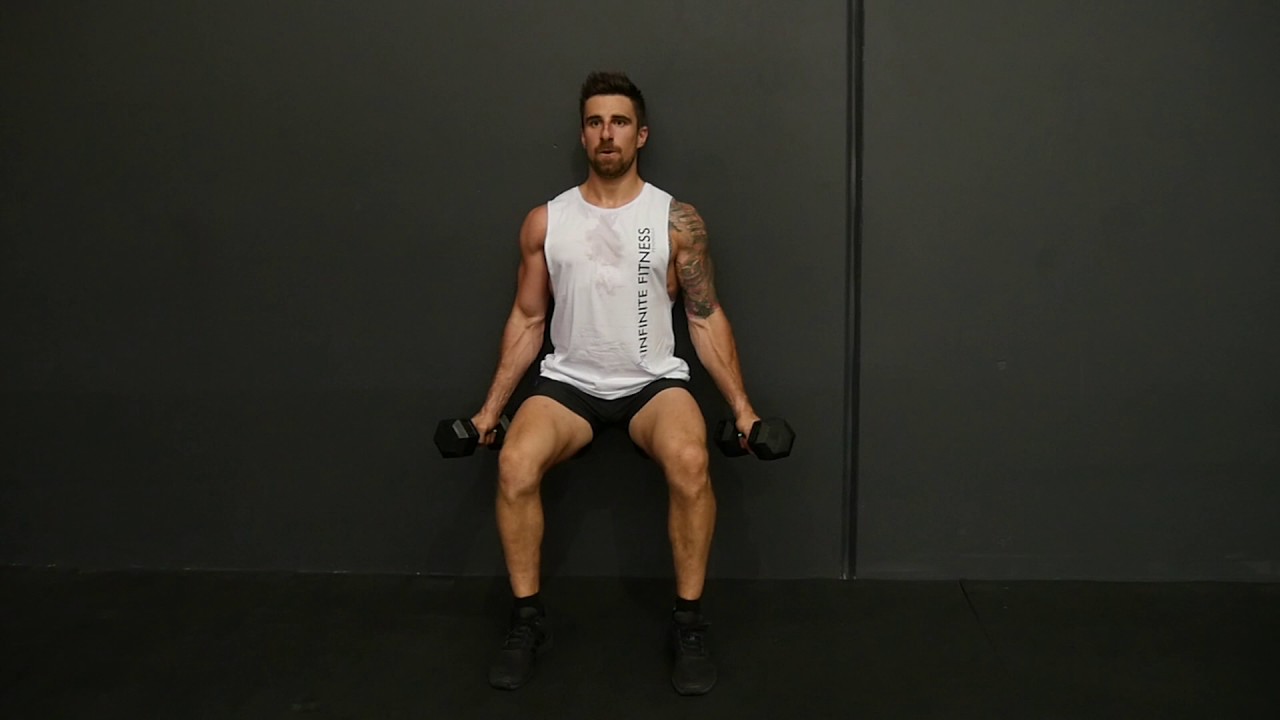 wall squat with dumbbell bicep curl - YouTube