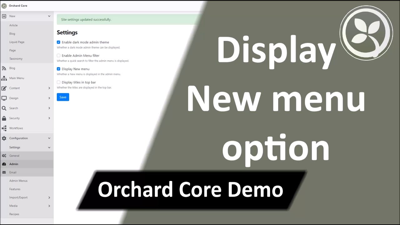 Display New menu option - Orchard Core Demo - YouTube