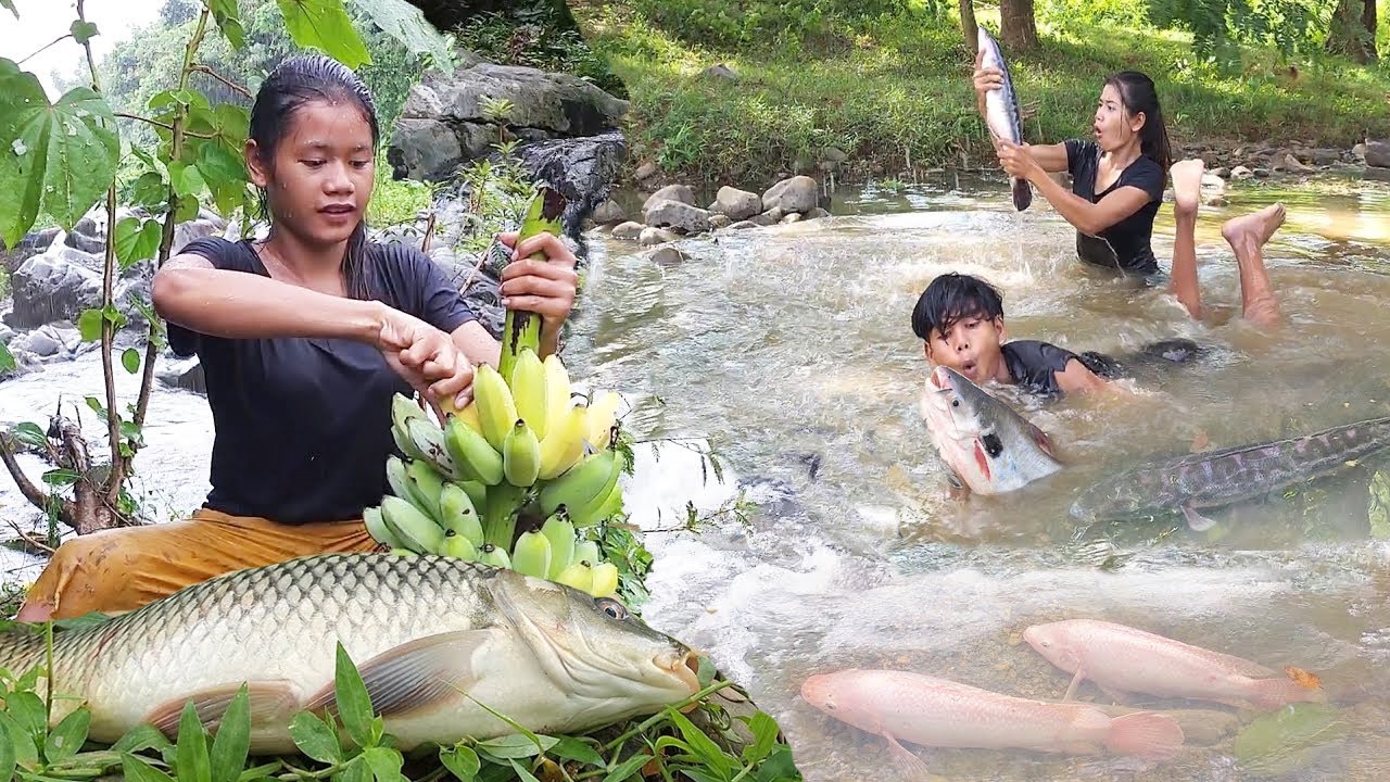 Skills catch fish in river for food of survival - Fish salt grilled ...