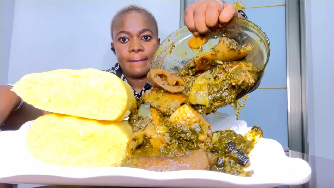 ASMR AFANG WITH COW SKIN AND HEAD with red EBA fufu MUKBANG #mukbang # ...