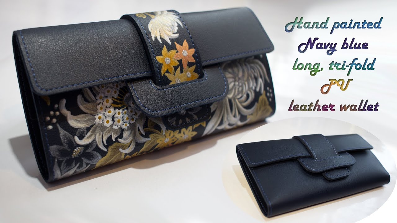 I painted Chrysanthemums on a navy blue, long tri-fold wallet using ...