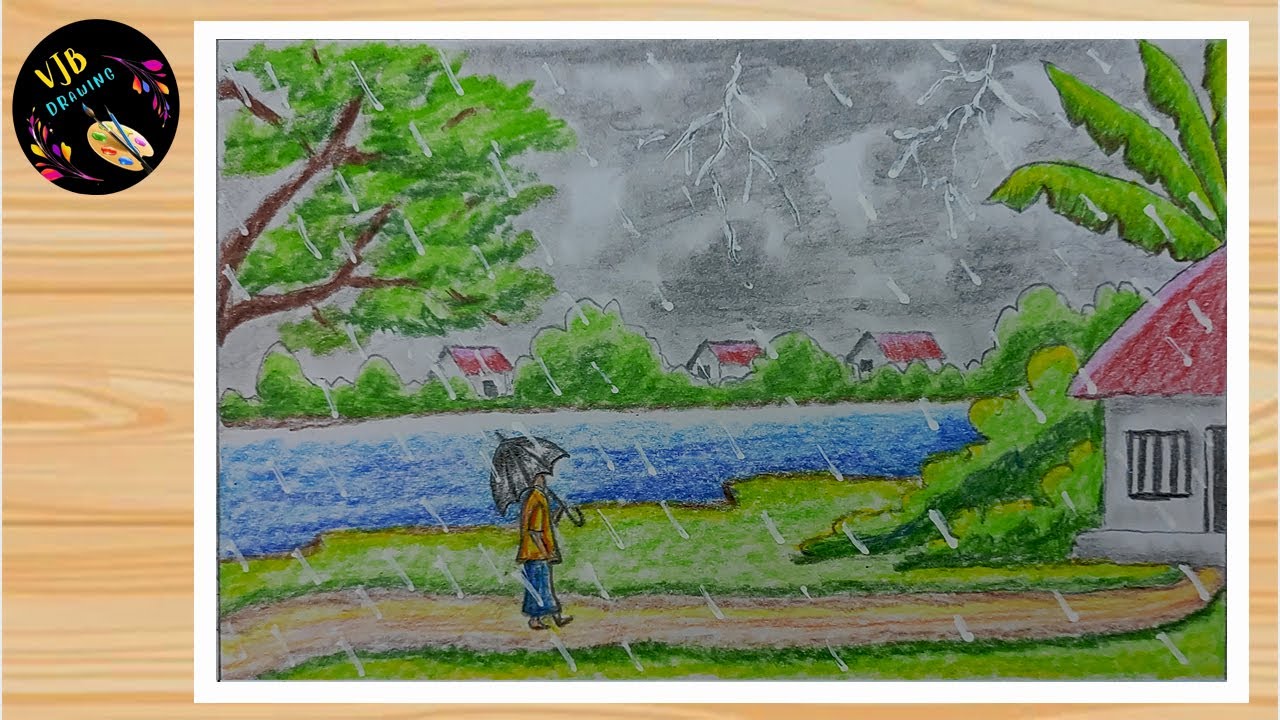 Rainy Season Drawing \ Step by step Landscape art \ Easy Natural Rainy ...