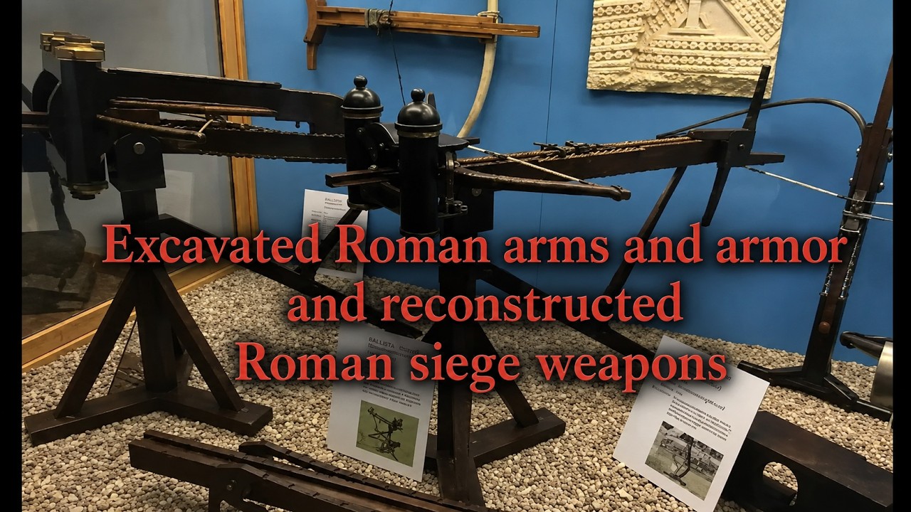 Excavated Roman arms and armor and reconstructed Roman siege weapons ...