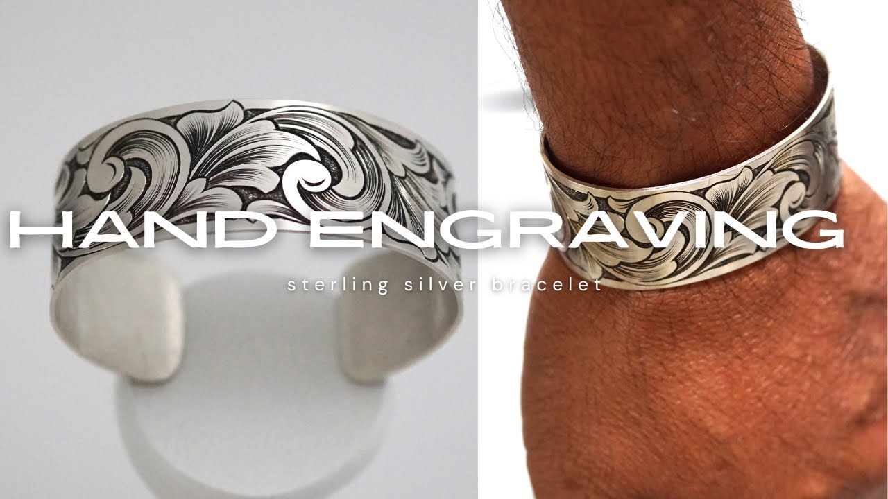 Making and hand engraving a sterling silver jewelry bracelet in scroll ...