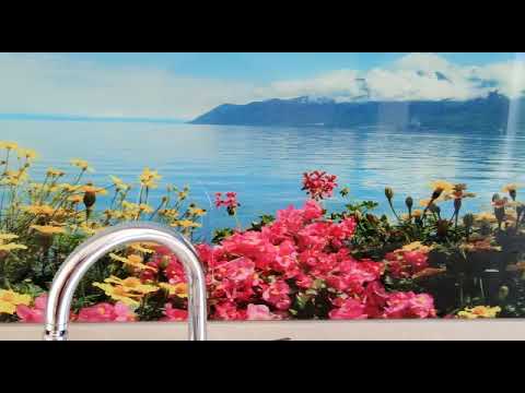 Çiçekli ve deniz manzaralı 3d cam mutfak, üç boyutlu tezgah arası cam panel