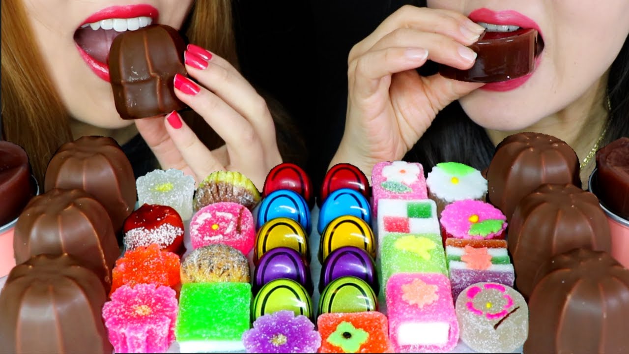 ASMR CHOCOLATE COVERED MARSHMALLOWS, RAINBOW WAGASHI JELLY CANDY, BLACK ...