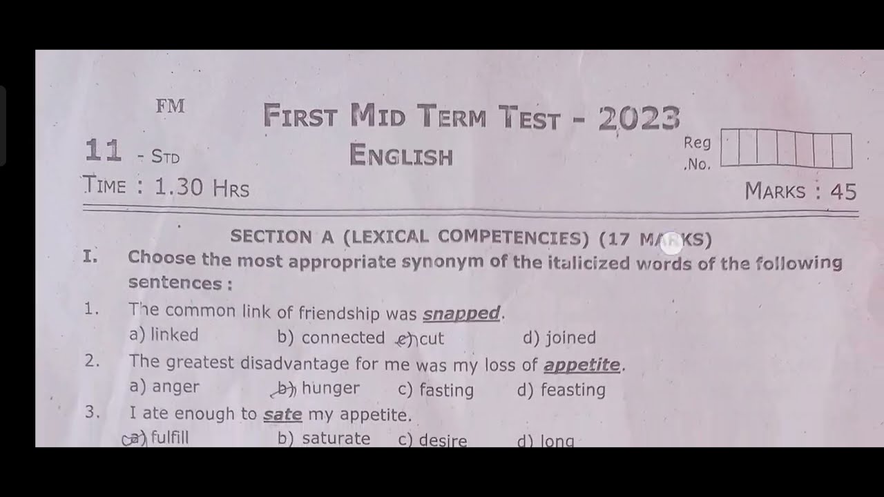 11th Standard||English||First Midterm test 2023||Question paper and ...