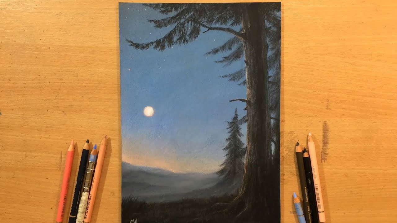 Moonlight Landscape in Colored Pencils - YouTube