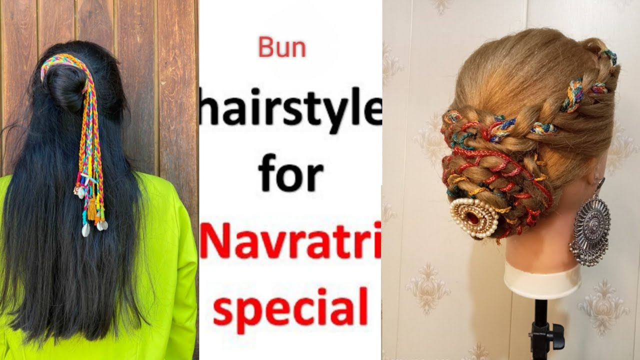 Simple Navratri Special Bun Hairstyles!! 1st Day Bun Hairstyles💙💛💚 ️💖 ...