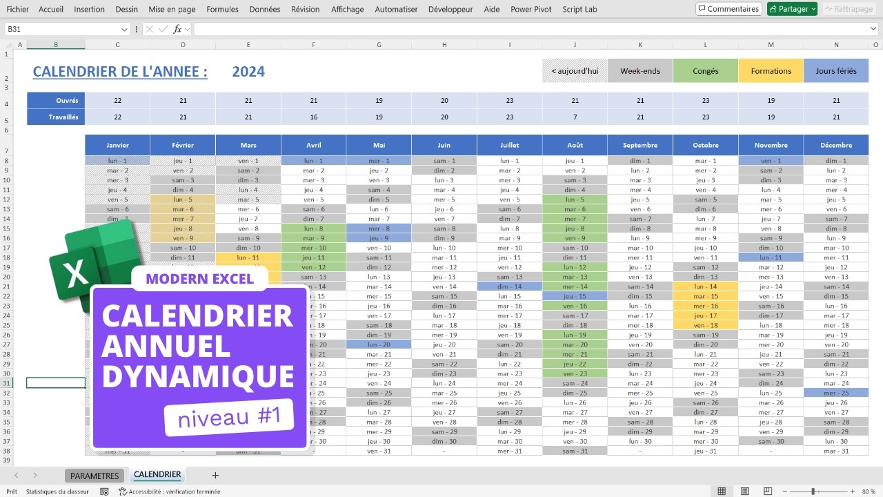 Calendrier dynamique 100% Excel (tuto + téléchargement du calendrier #2 ...
