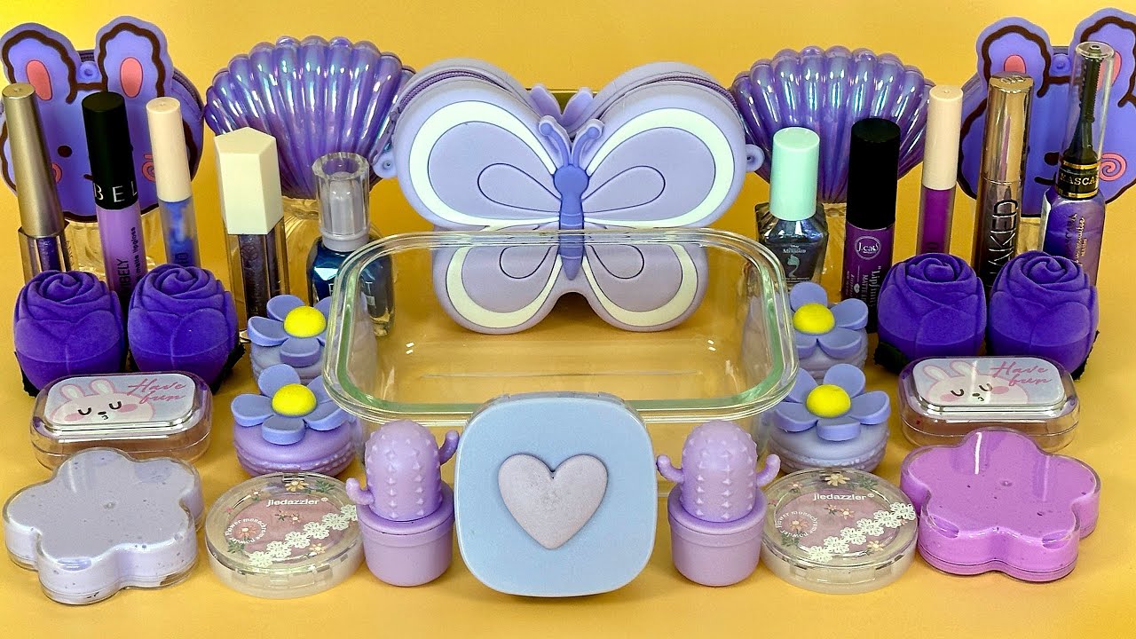 PURPLE SLIME | Mixing makeup and glitter into Clear Slime. Satisfying ...