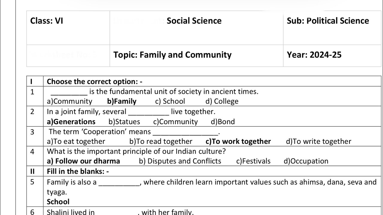 Family and Community Class 6 social science new book chapter worksheet ...