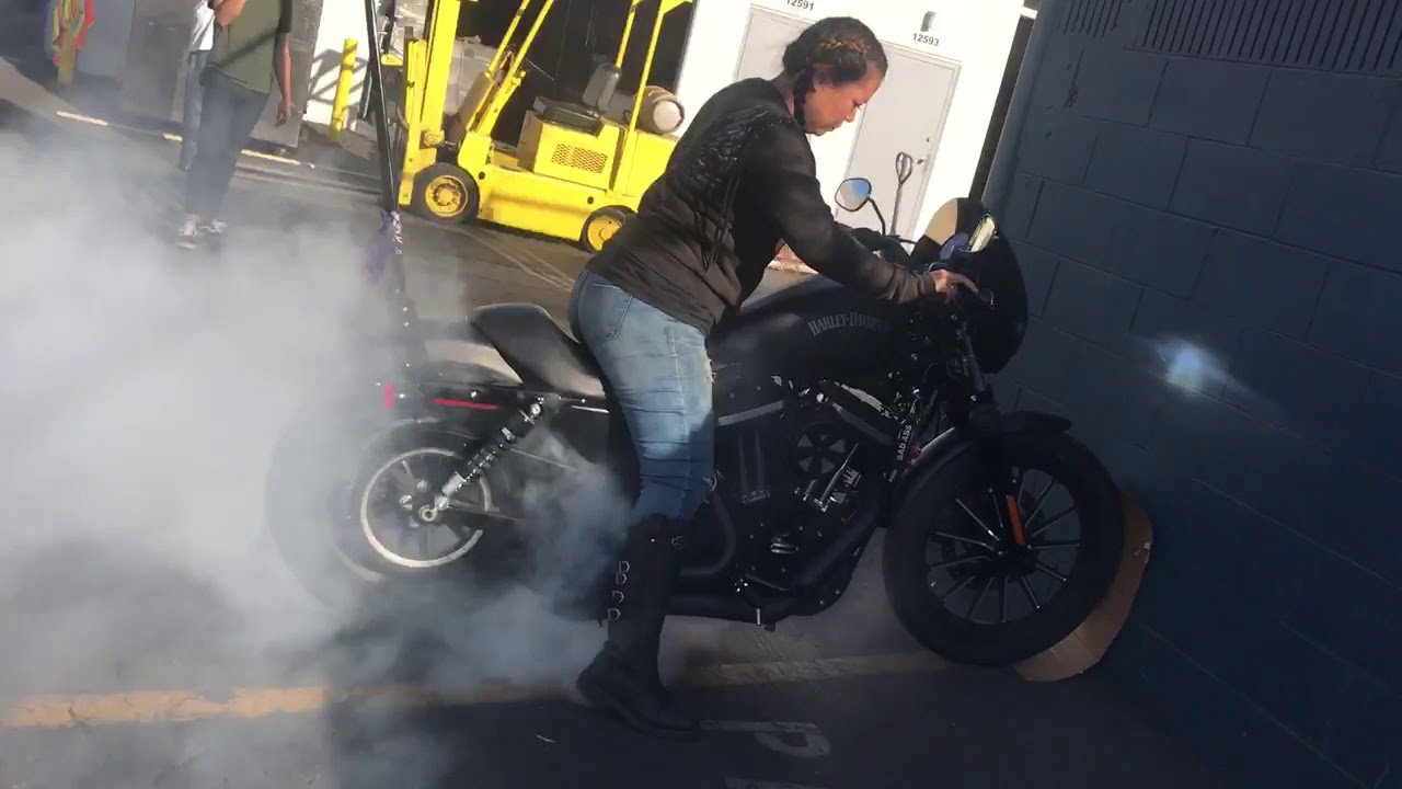 Girl doing a burn out on a Harley-Davidson sportster - YouTube