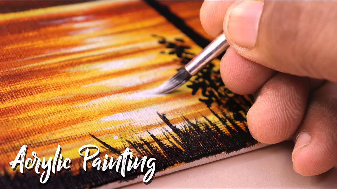 How I painted sun reflection in Acrylics | Acrylic landscape painting ...