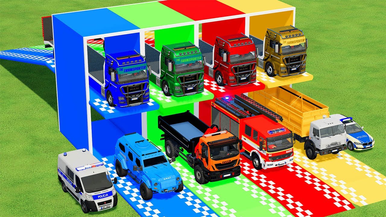 TRANSPORTING EXCAVATOR, MIXER TRUCK, BUS, BULLDOZER, POLICE CARS TO ...