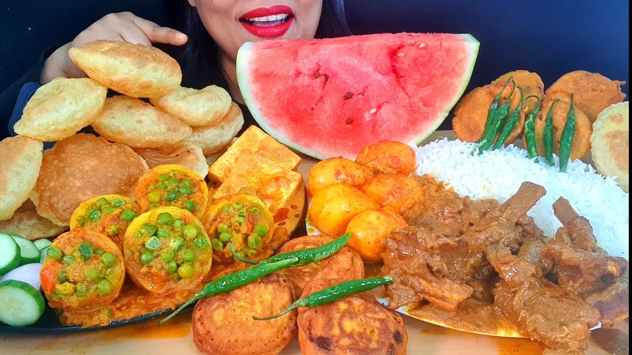 ASMR:DELICIOUS LUCHI+RICE WITH SPICY MUTTON+ EGG+STUFFED POTATO+PANEER ...