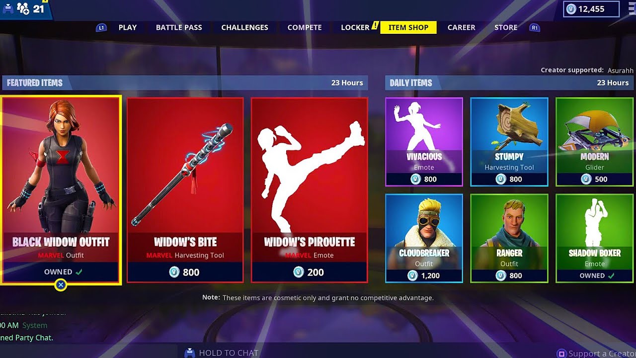 BLACK WIDOW | WIDOWS BITE | WIDOWS PIROUETTE | SHADOW BOXER; Item Shop ...