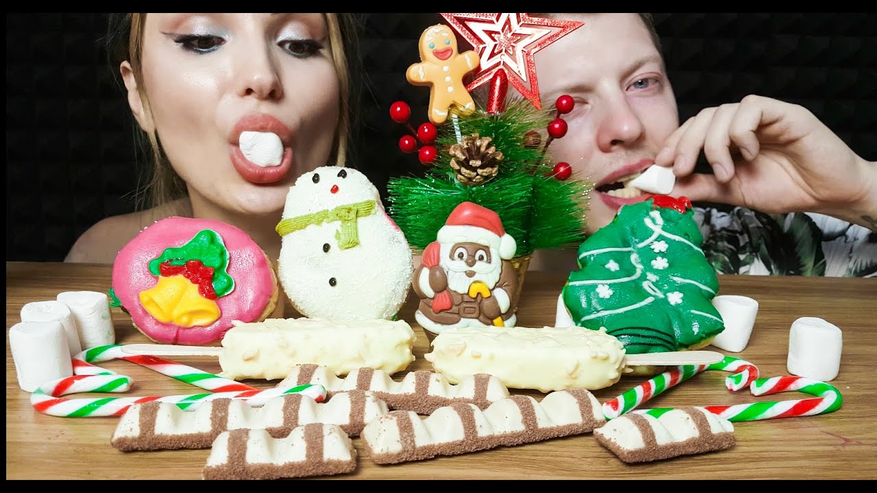 ASMR christmas edition - chocolate santa, donuts, lollipops, kinder ...