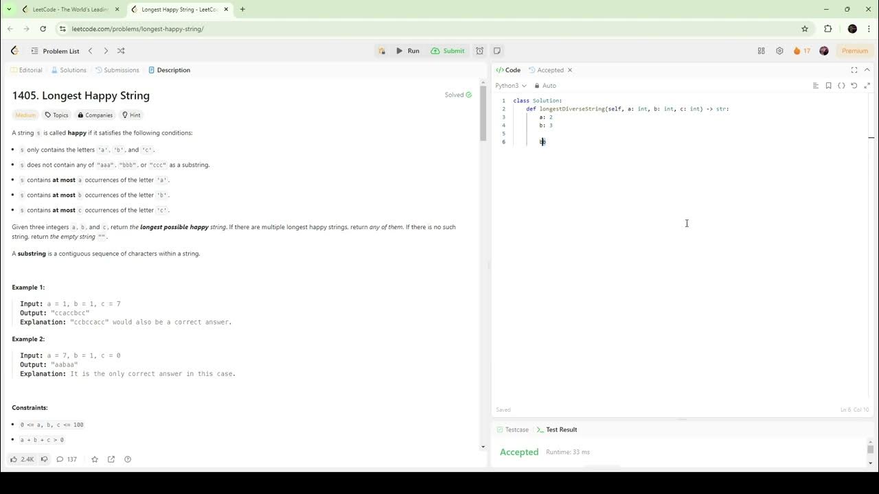 Leetcode 1405. Longest Happy String || Priority Queue || Greedy - YouTube