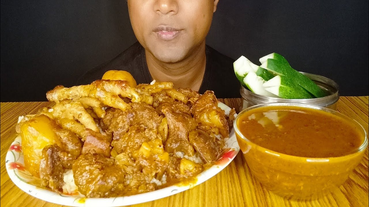 EATING MUTTON CURRY, CHICKEN FEET CURRY, RICE, MUTTON GRAVY, FOOD ...