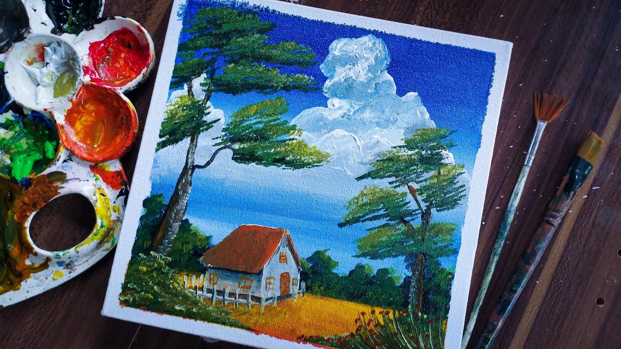 ACRYLIC PAINTING || CARA MELUKIS PEMANDANGAN ALAM DENGAN MUDAH ...