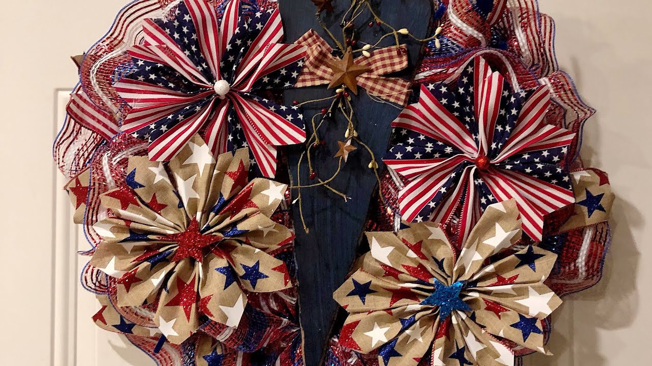 How to make a pancake wreath with pin wheel ribbon Patriotic Rustic ...