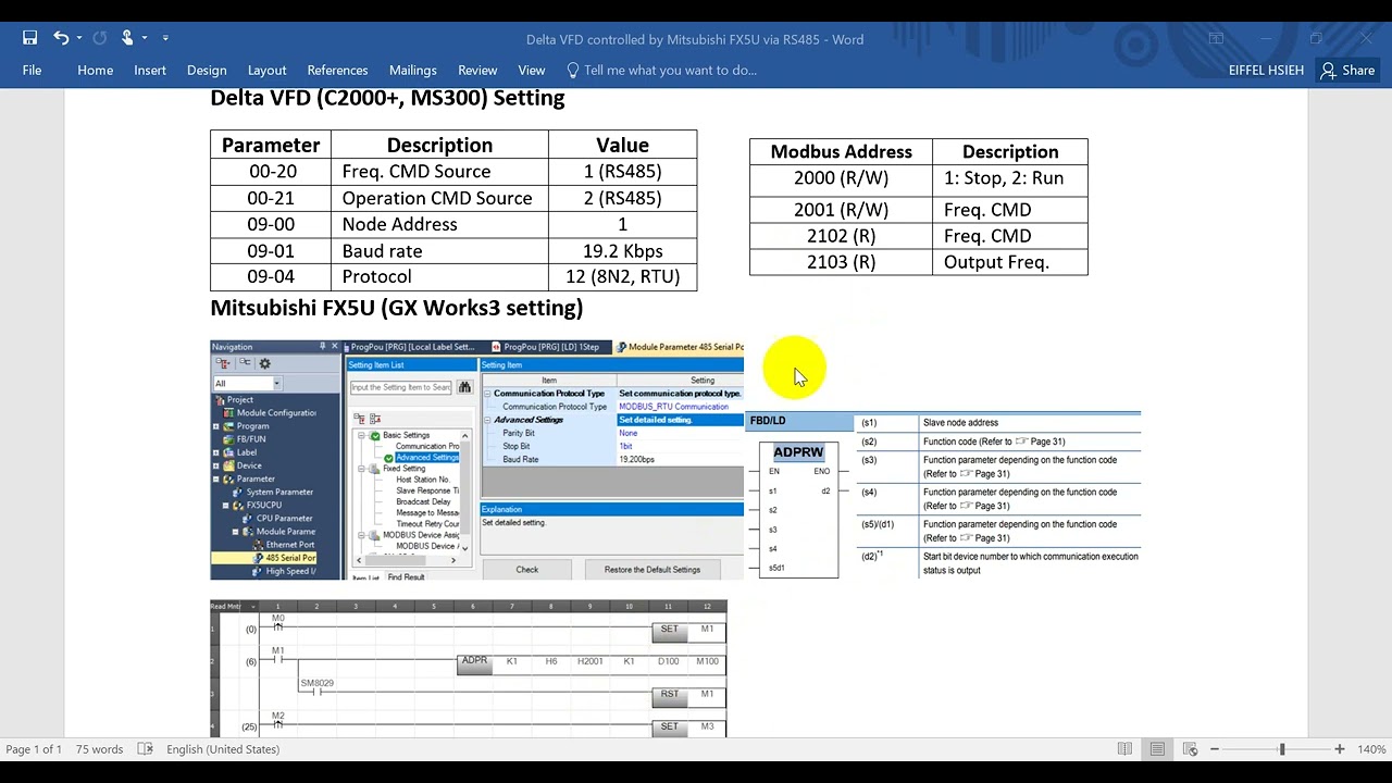 Delta VFD controlled by Mitsubishi FX5U via RS485 - YouTube