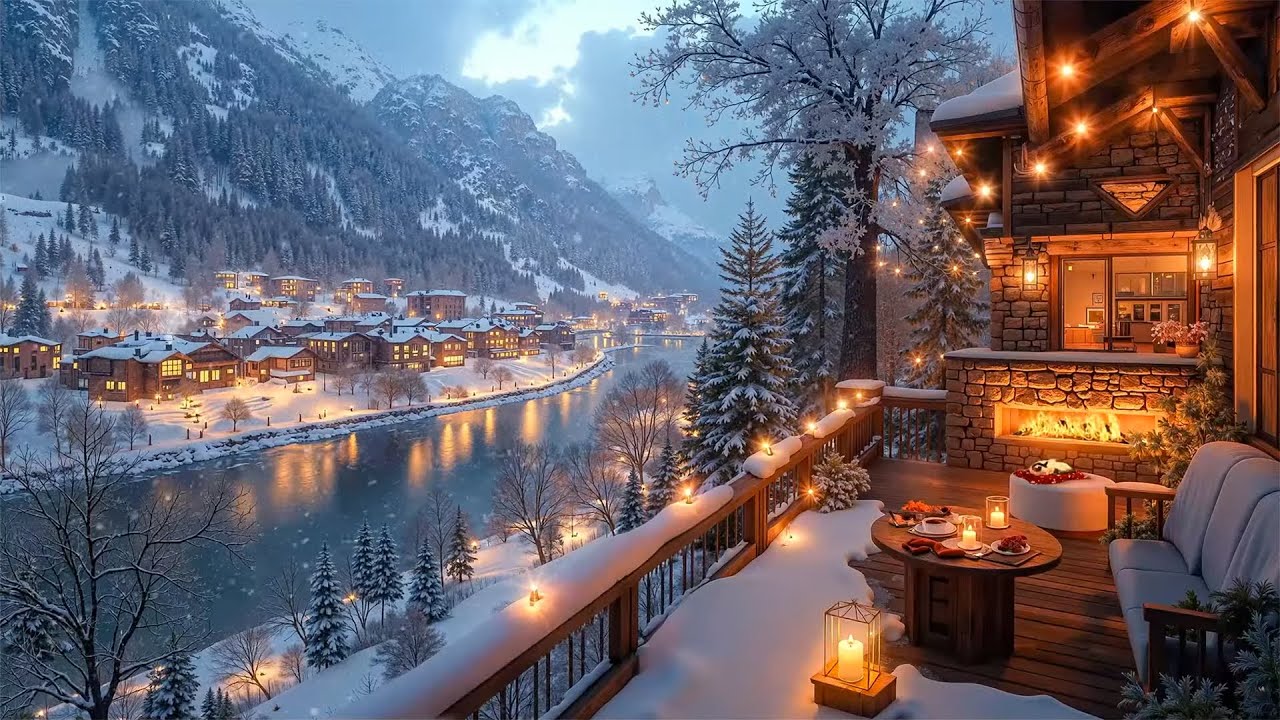 Cozy Winter Terrace ️ Relaxing Smooth Jazz, Snowfall & Fireplace Glow ...
