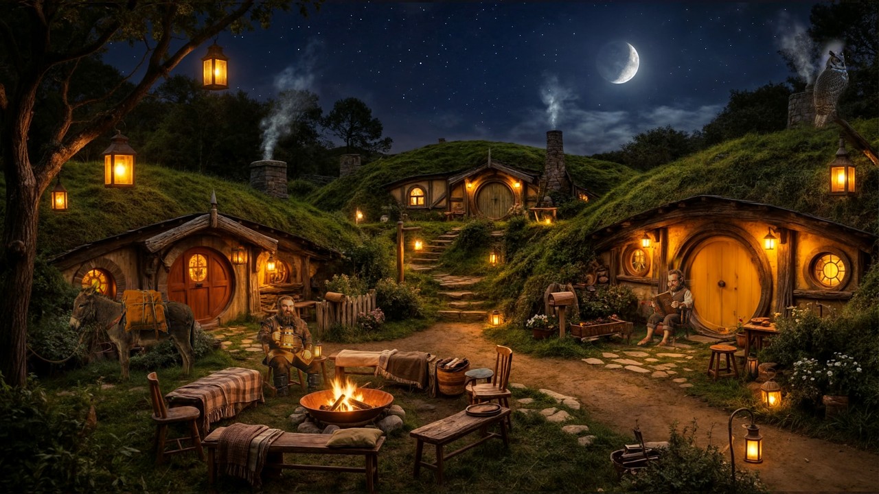 Hobbit Village Night Sounds 🌙 The Shire Ambience with Crackling Fire ...