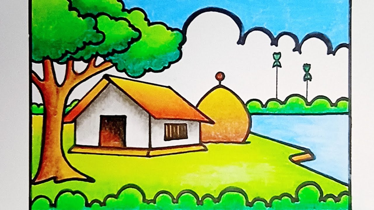 simple easy village scenery drawing || step by step tutorial - YouTube