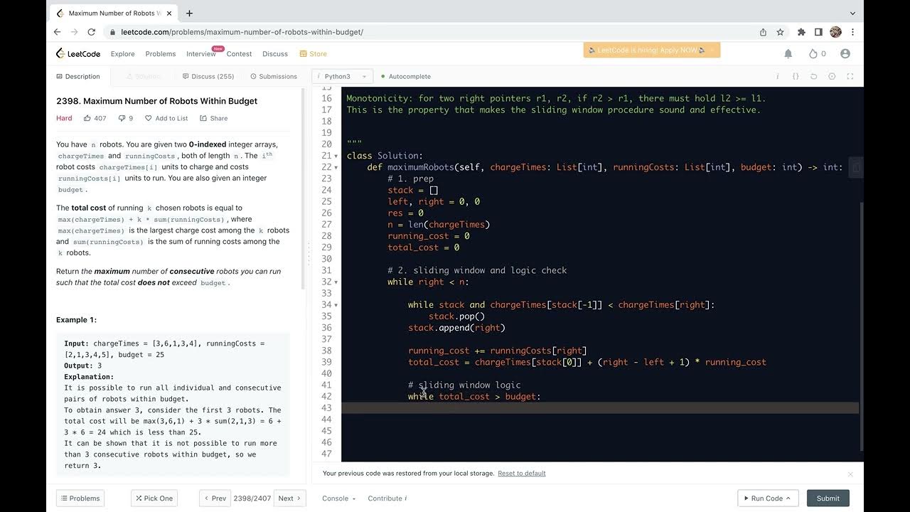 Leetcode 2398-s2. Maximum Number of Robots Within Budget-two-pointer sliding window, monotonic ...
