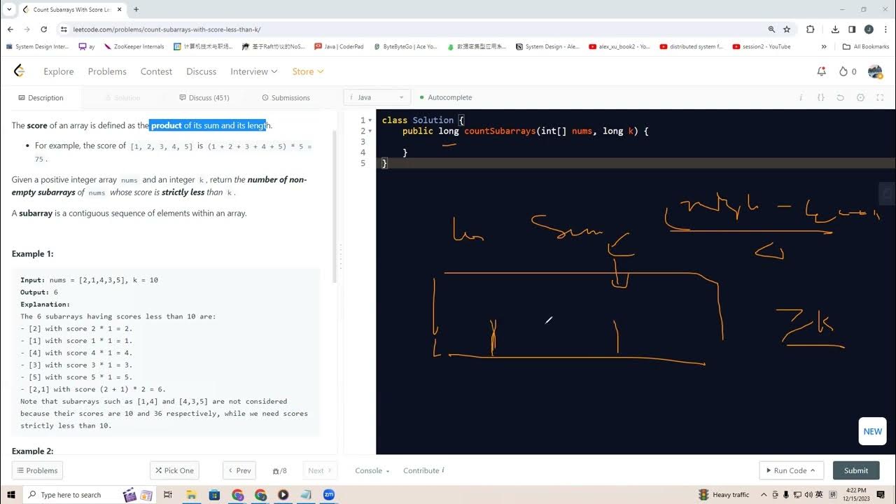 2302. Count Subarrays With Score Less Than K - YouTube