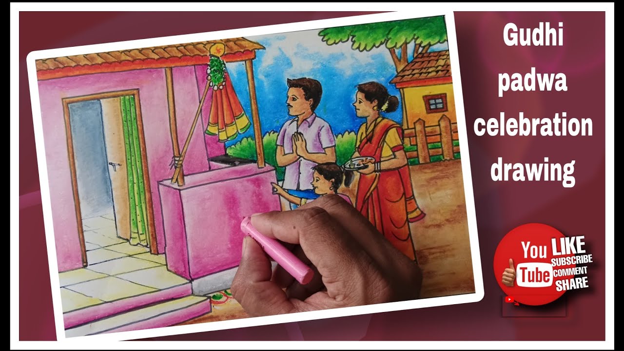 Gudi padwa celebration drawing/ how to draw Gudhi Padwa drawing/ easy ...