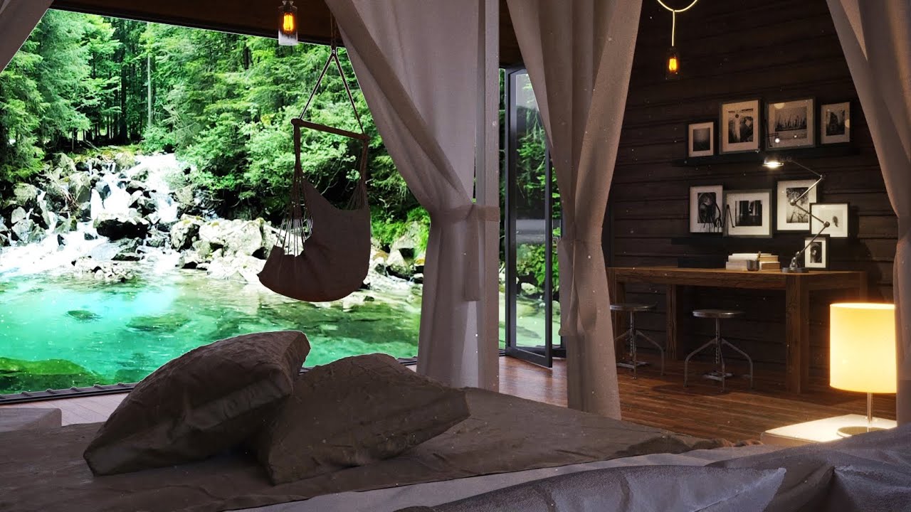 Bedroom with a small valley waterfall and birdsong - YouTube