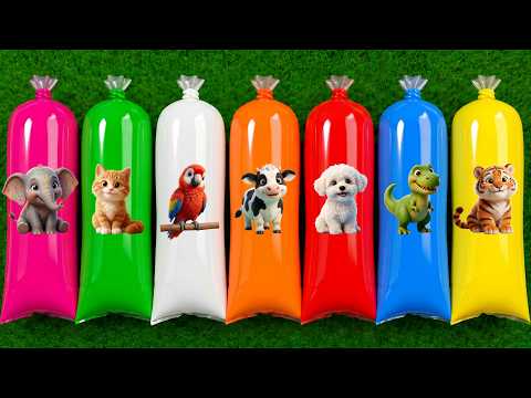 FIND: Cow, Elephant, Tiger, Dog, Bird, Rabbit, Panda, Duck, T-Rex, Cat, Lion, Inside colorful pla...