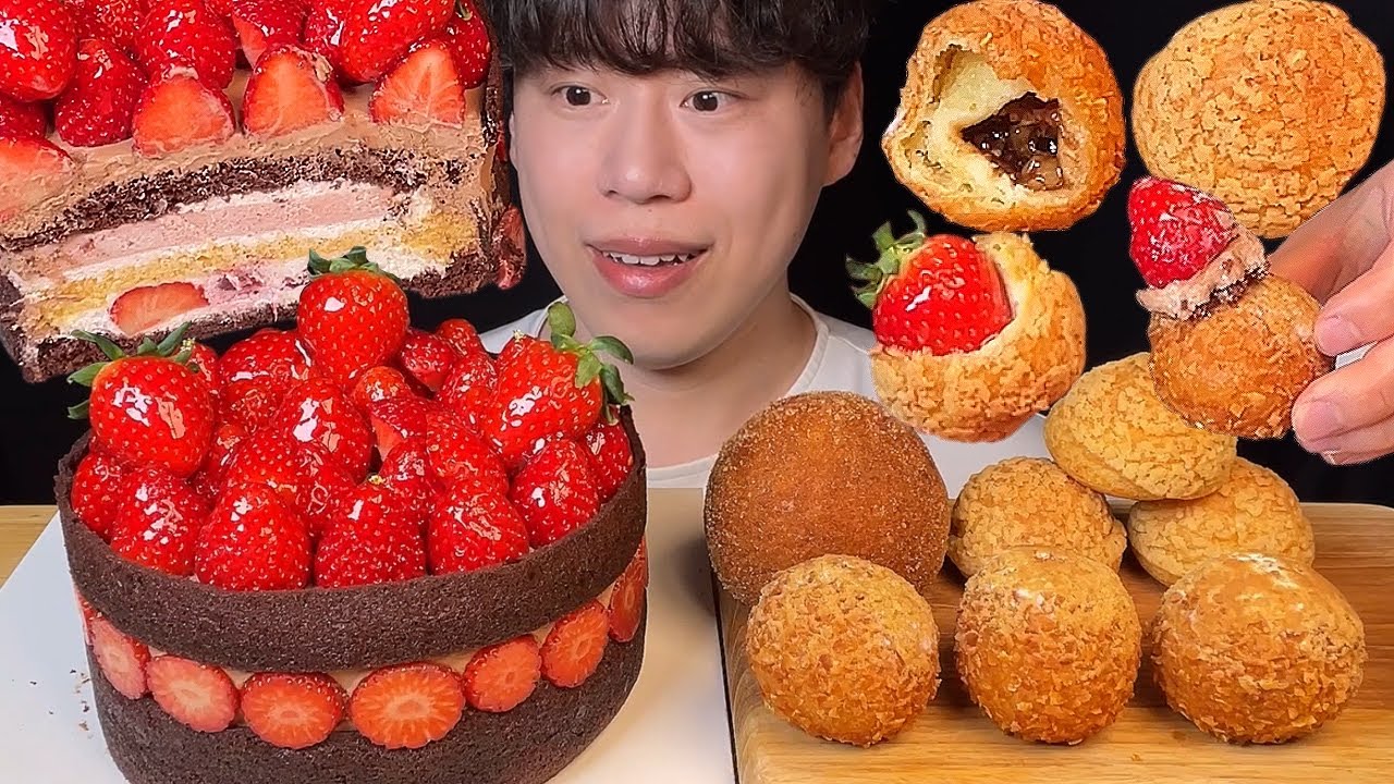 Sub 파리크라상 딸기 초코 케이크 And 쿠키슈 찹쌀도넛 먹방 Asmr 딸기 가득 새콤한 초코케이크와 동글동글 귀여운 빵들