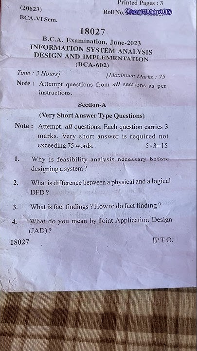 BCA 602 latest question paper || 😨😨INFORMATION SYSTEM ANALYSIS DESIGN ...
