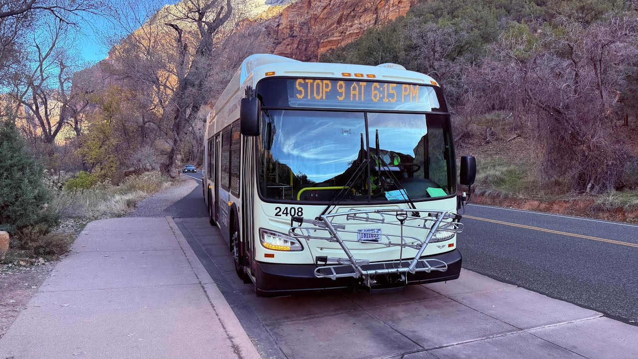 (FRONT VIEW) Zion NP Shuttle 2408 on Zion Canyon Line - 2024 New Flyer ...