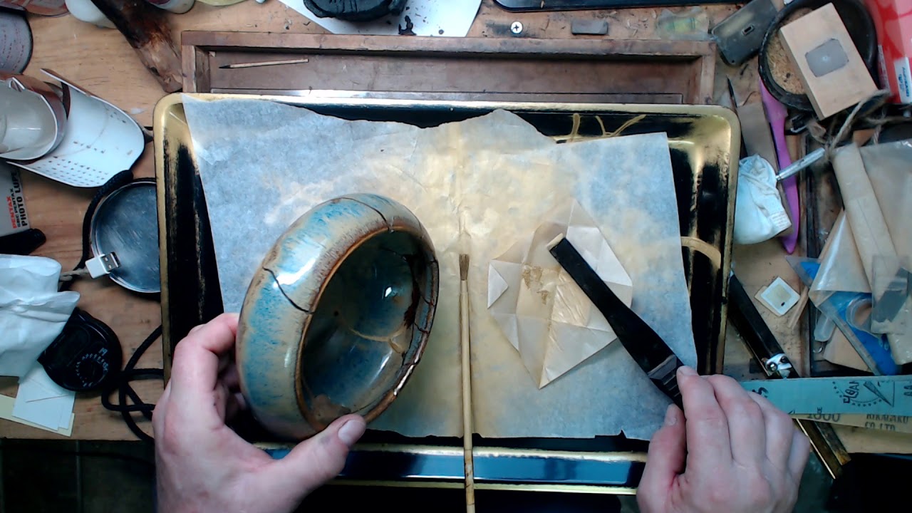 Traditional kintsugi, step 2 applying keshifun - YouTube