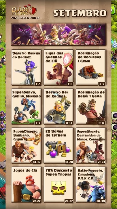 CALENDÁRIO DE SETEMBRO NOVAS SKINS E DESAFIOS DO CLASH OF CLANS #shorts #shortsclashofclans ...