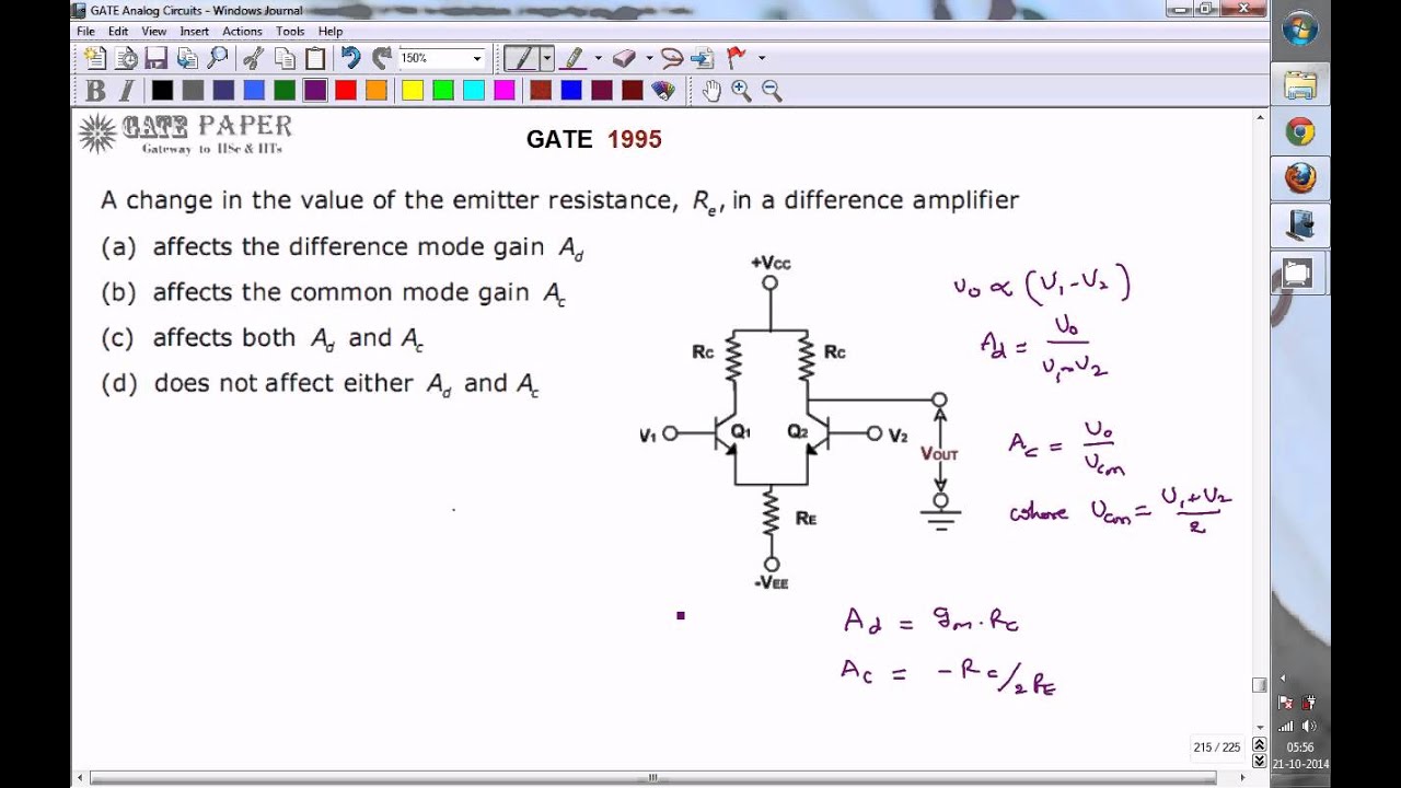 GATE 1995 ECE Effect of Re on gain of Differential Amplifier - YouTube