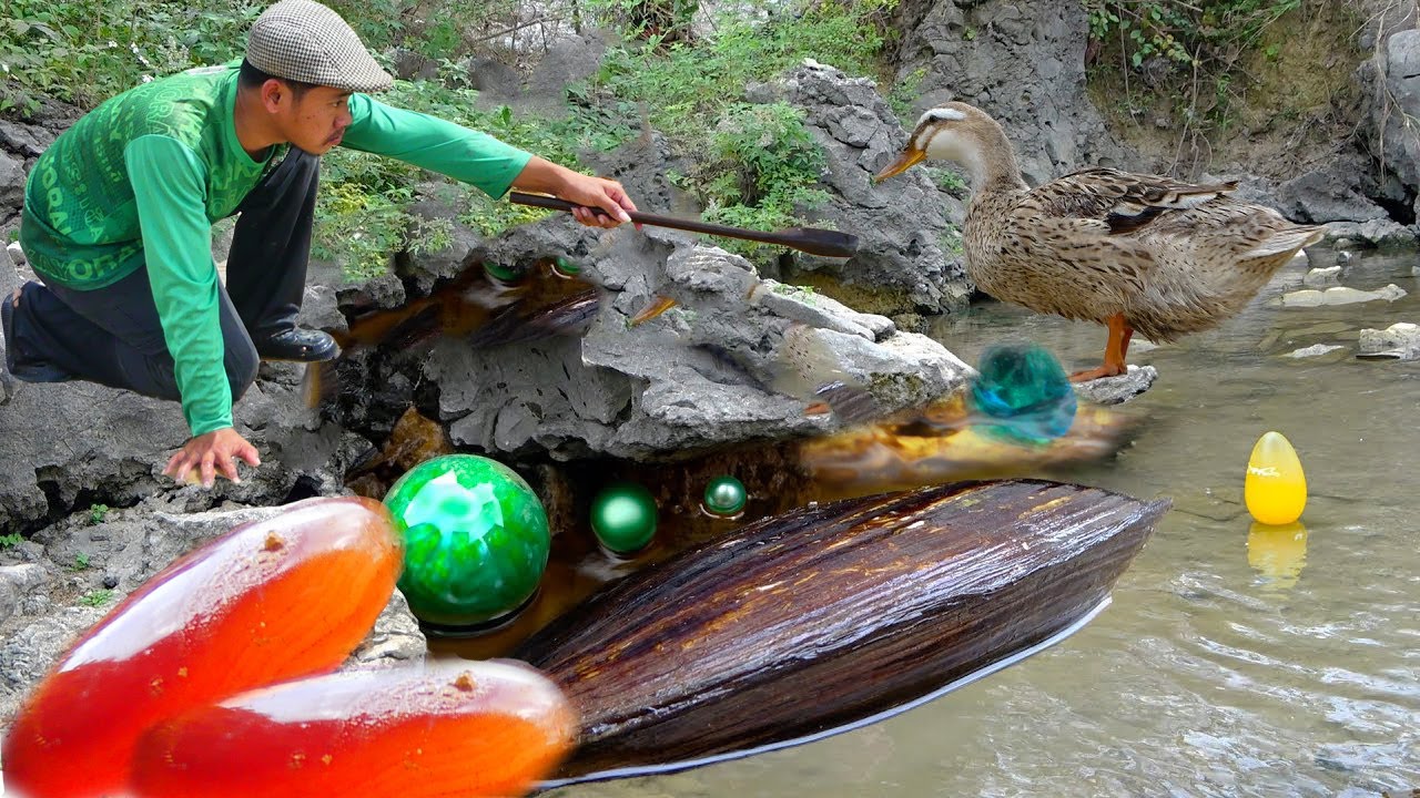 The boy caught a huge clam in the water, opened it, and discovered ...