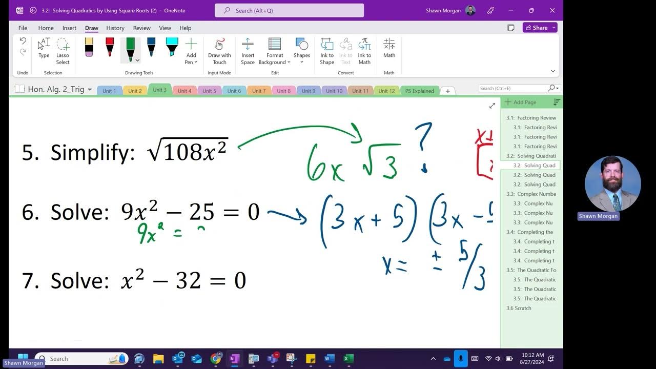 Hon. Alg. 2/Trig. - Intro to solving quadratics - YouTube