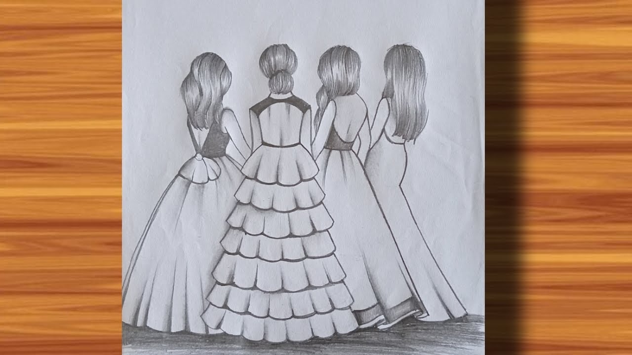 How to draw four girls friendship drawing easy stes|very easy pencil ...